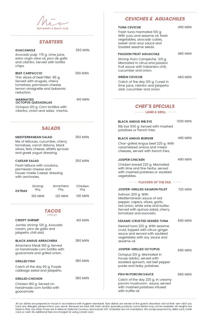 Menu - Mía Tulum Resort